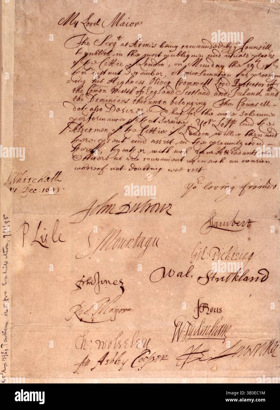 Order proclaiming Oliver Cromwell as Protector of England, 1653. After ...