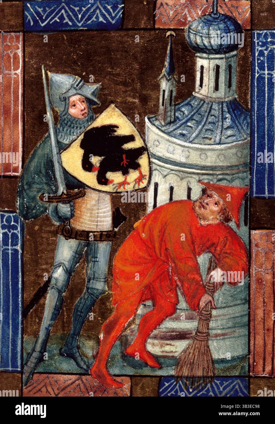 Soldier with sword, and man with broom, c1405. The knight's shield is ...