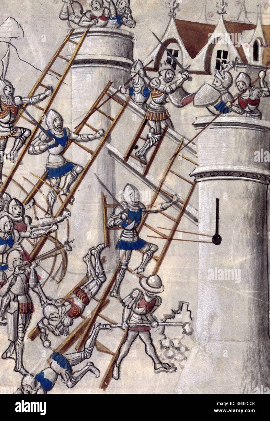 Storming a castle by escalade, c1470. The attackers use the method of ...