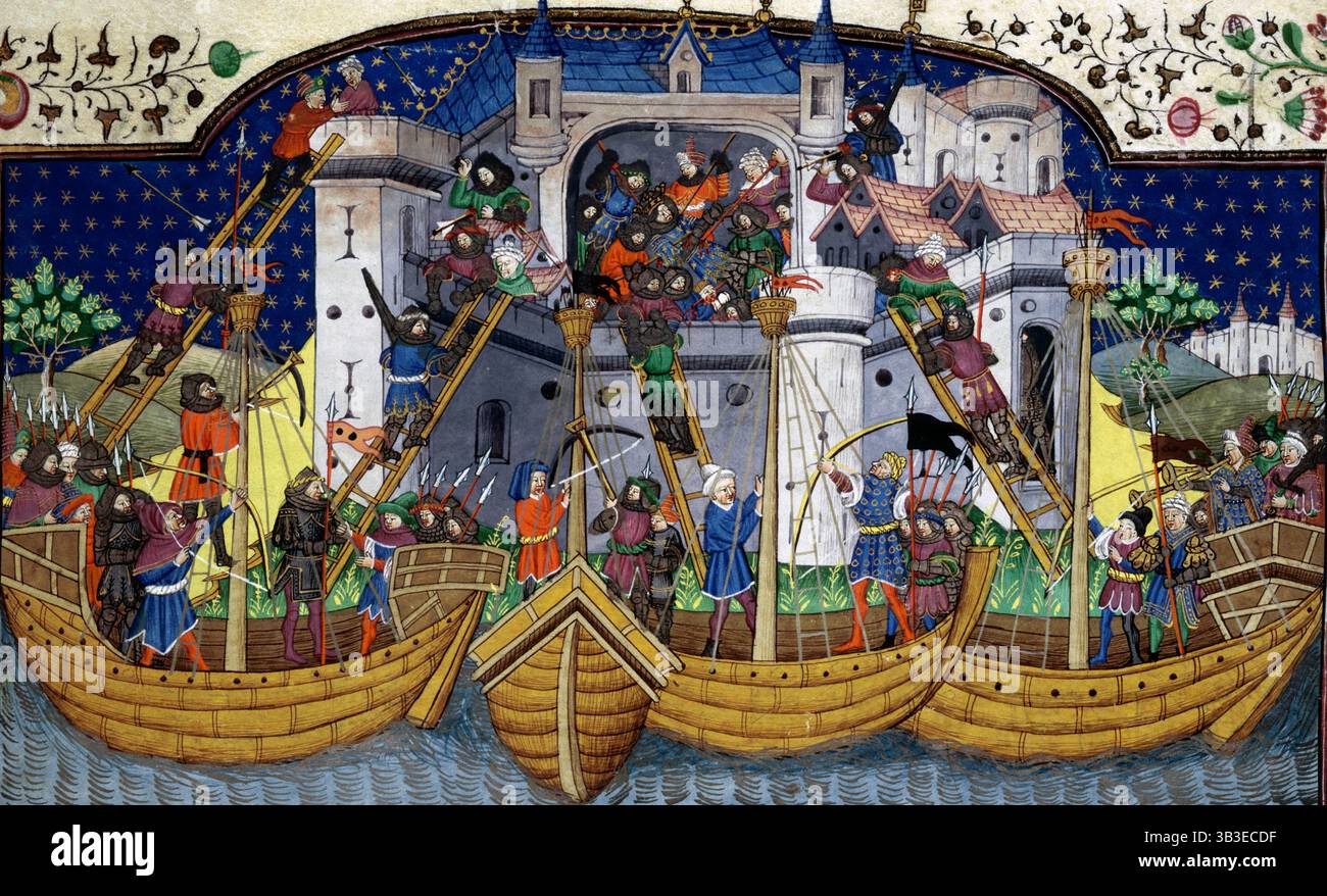 The storming of Corunna by Broadas, c1445. Ships besieging a sea port ...