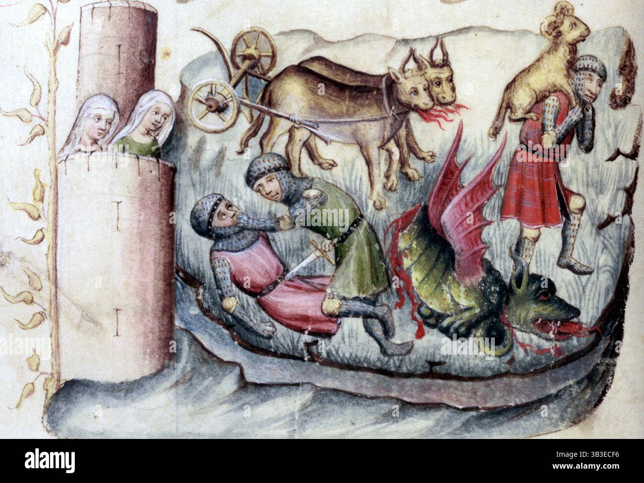 Jason capturing the Golden Fleece, 15th century. Two women watching ...