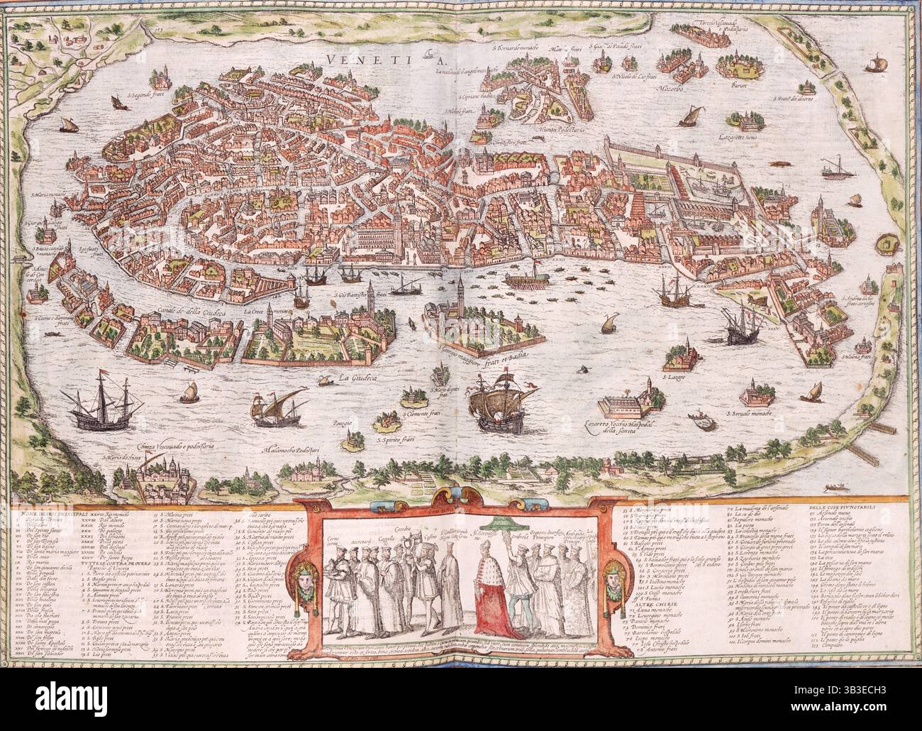 Medieval map of Venice, Italy, c1580. Venetia. Aerial view of the ...