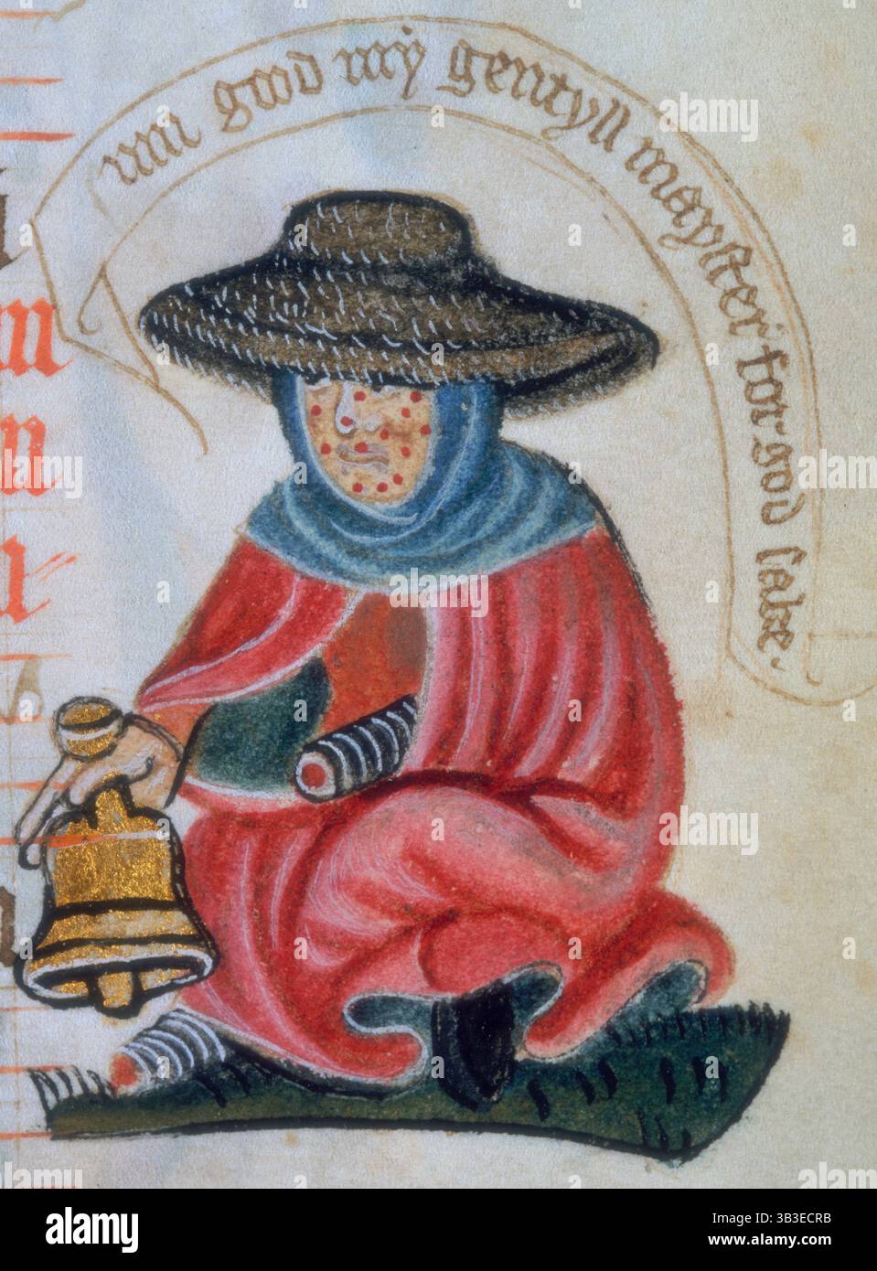 Disabled leper ringing a bell, c1400. Seated woman with leprosy wearing ...
