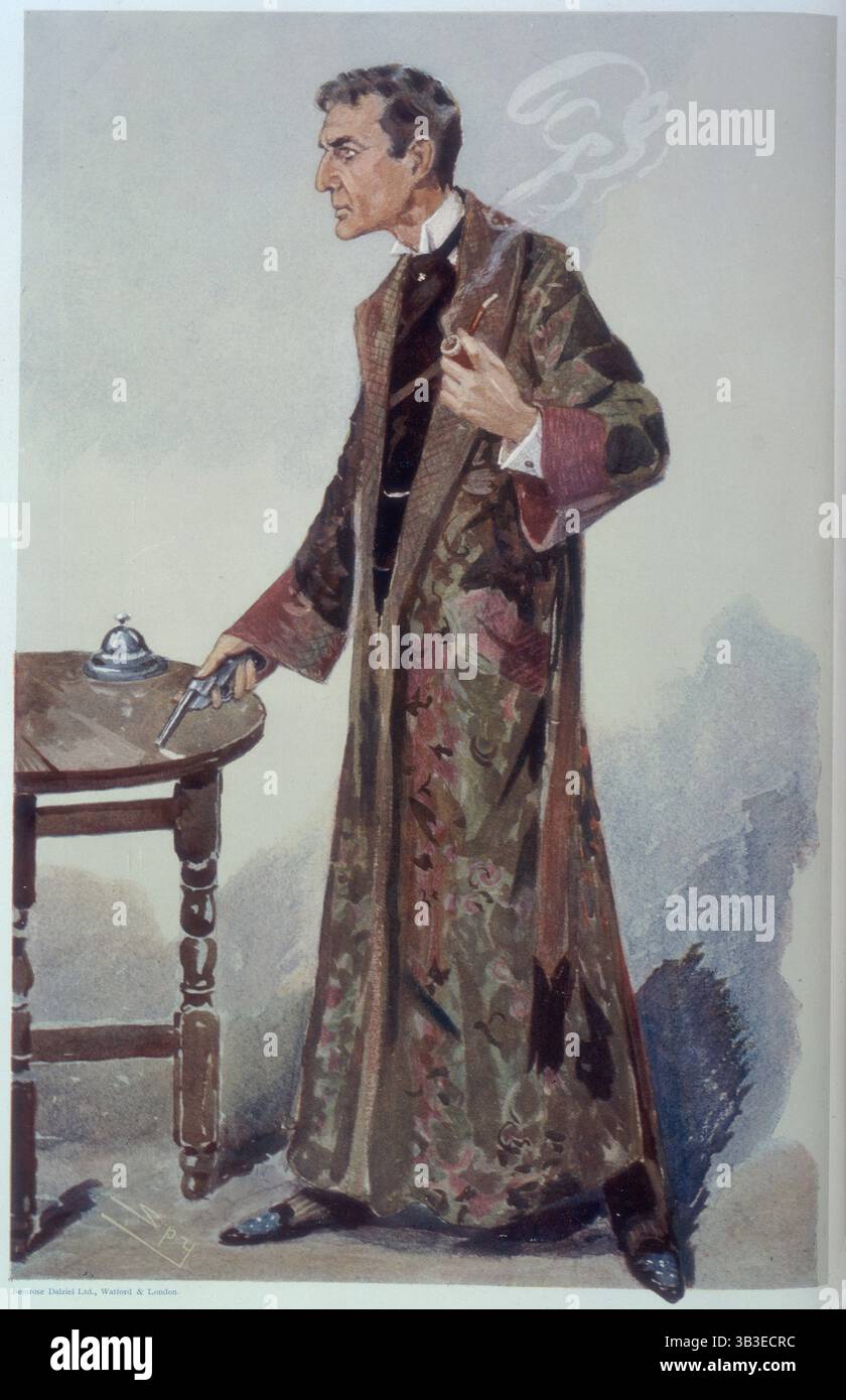 Sherlock Holmes holding a pipe and revolver, late 19th-early 20th ...