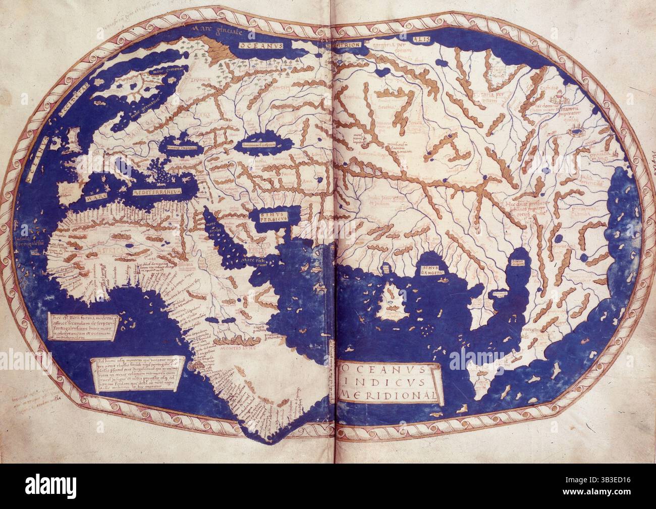 World map, 1490. Labelled and coloured, within a border Stock Photo - Alamy