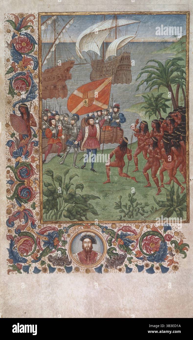 The landing of Hernando Cortes in Mexico in 1519, 19th century. Cortes ...