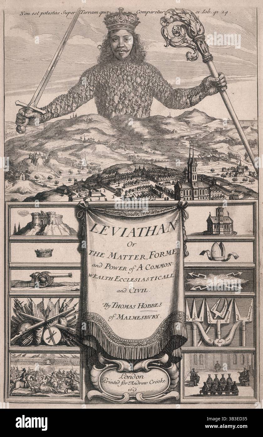 Title page to Leviathan, 1651. Huge mythological crowned figure with ...