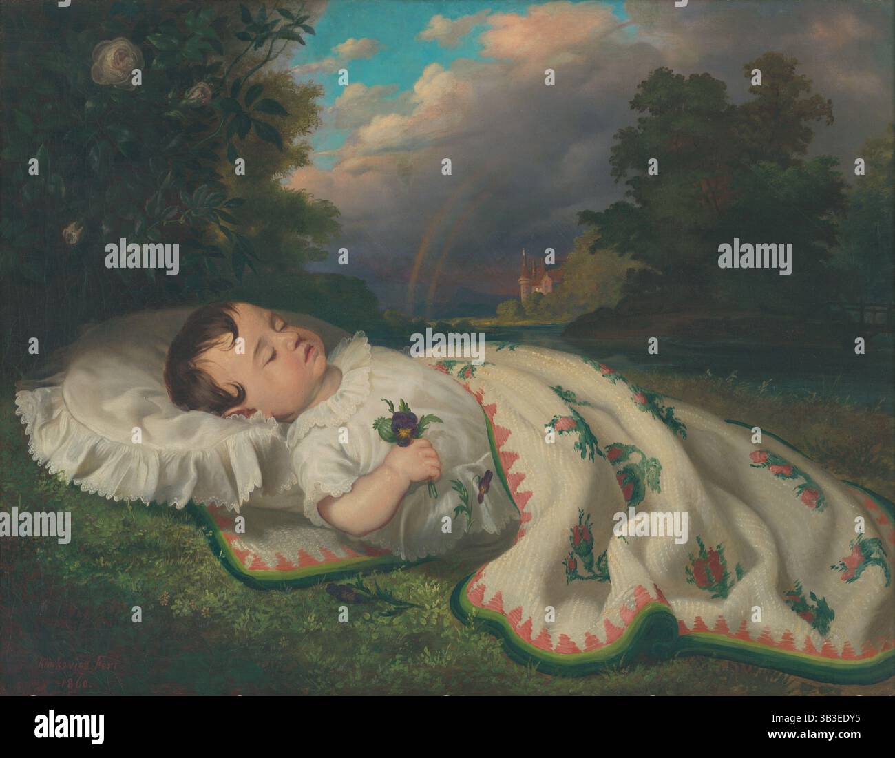 Child in the countryside, 1860. A baby clutching a pansy lies sleeping ...