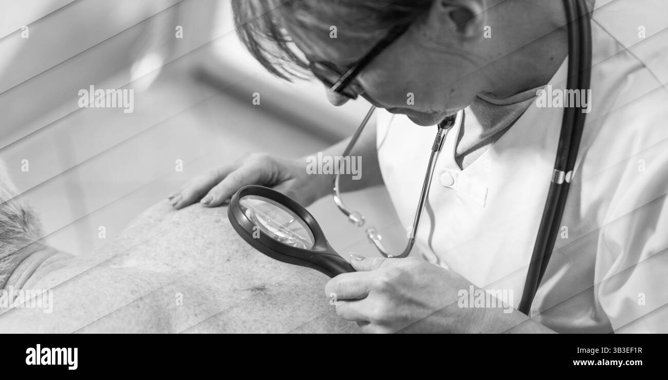 Dermatologist examining the skin on the back of a patient, geometric ...