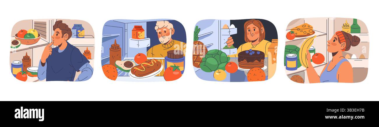Set of people taking food from fridge or refrigerator. Collection of ...
