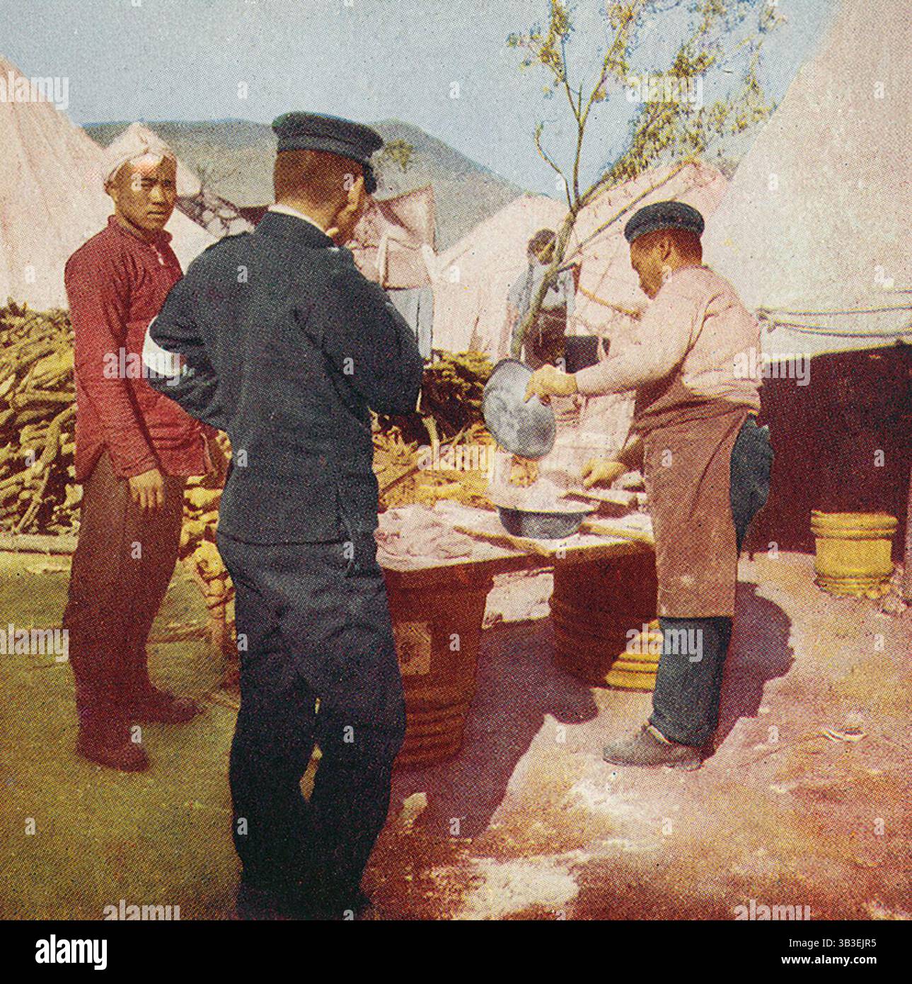 General Tsuchiyas' Private Mess Camp. From a colorised stereograph depicting Japanese soldiers ...