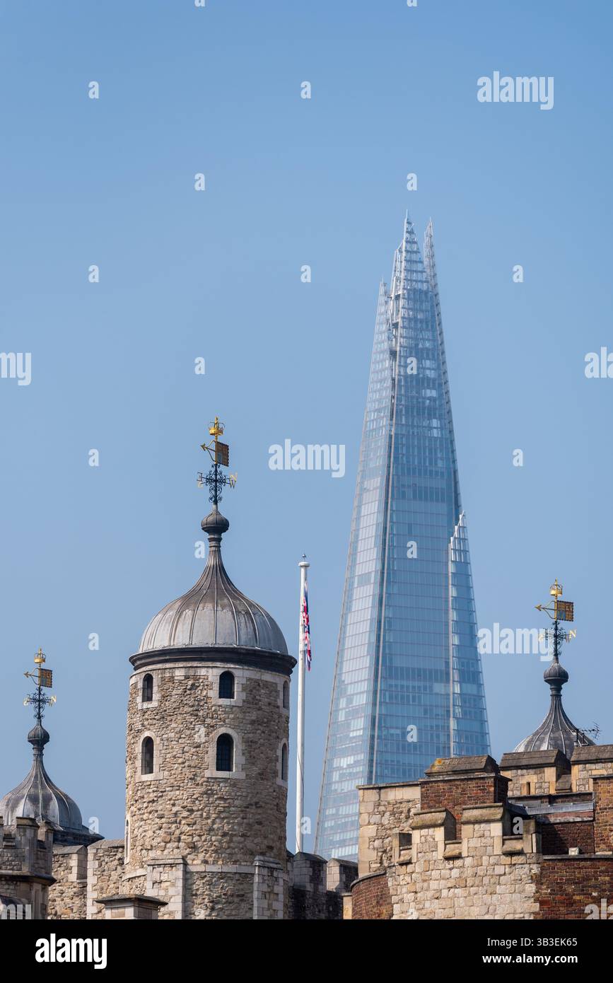 London's new City skyline behind ancient Tower of London. The Shard ...