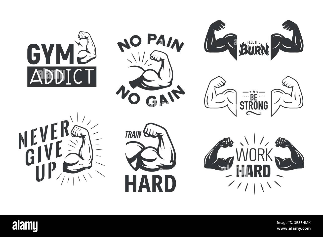 Vector Monochrome Fitness Motivation Emblem Set With Flexing Biceps ...