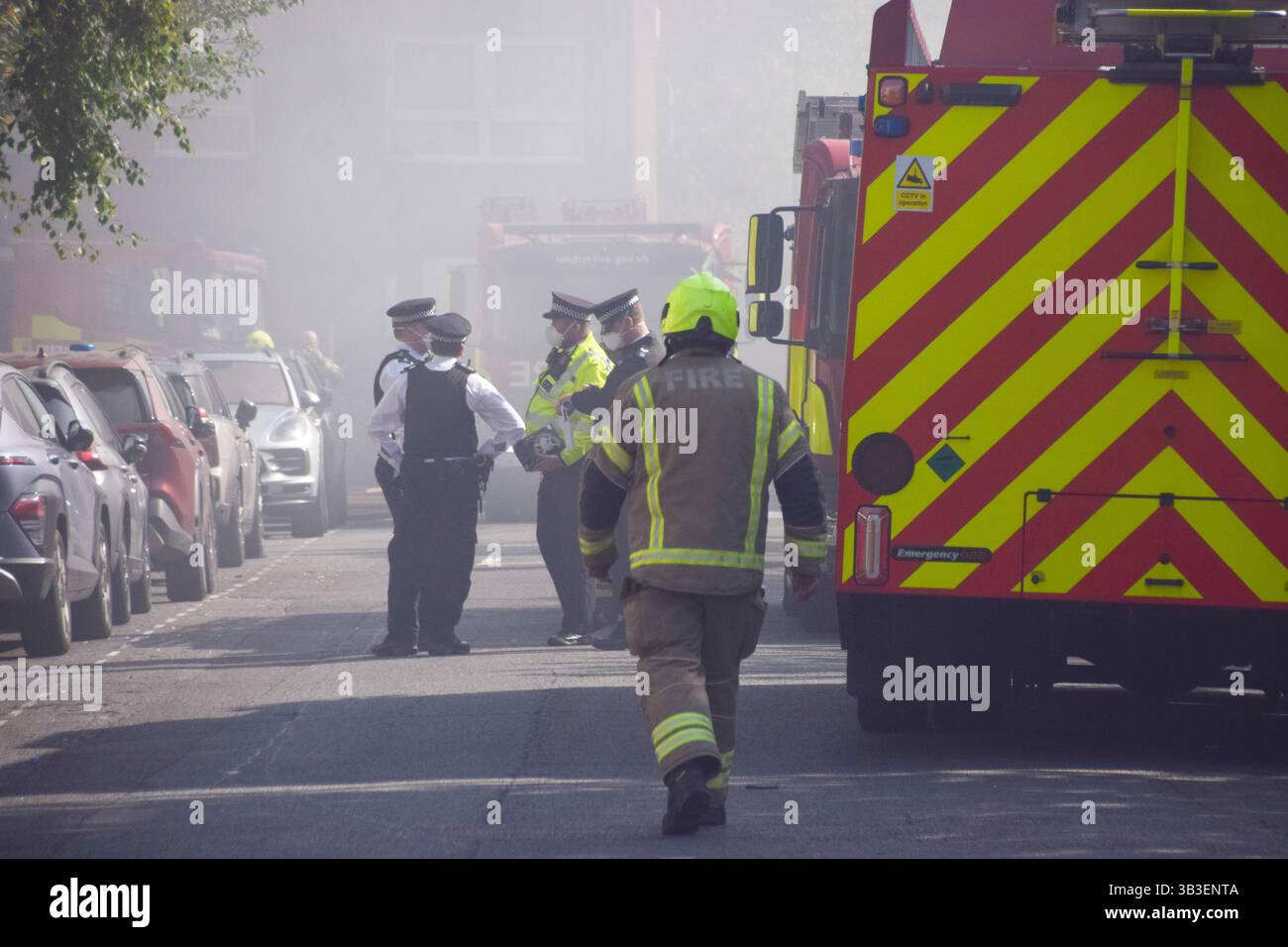 London, UK. 29th April 2025. Police and firefighters on the scene after ...