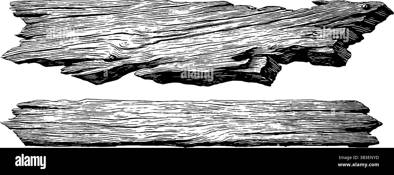 Engraved illustration of broken wooden sign set for rustic design and ...