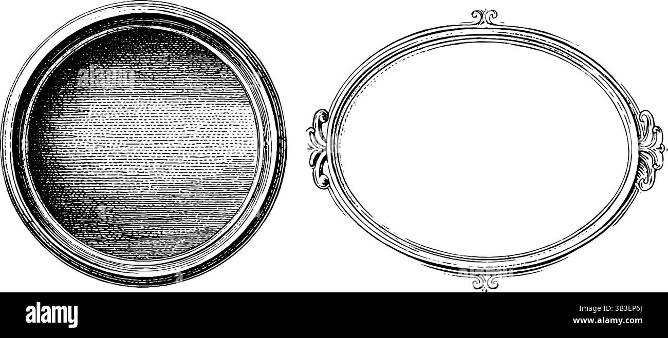 Vintage engraved circular and oval frame set for design and decoration ...