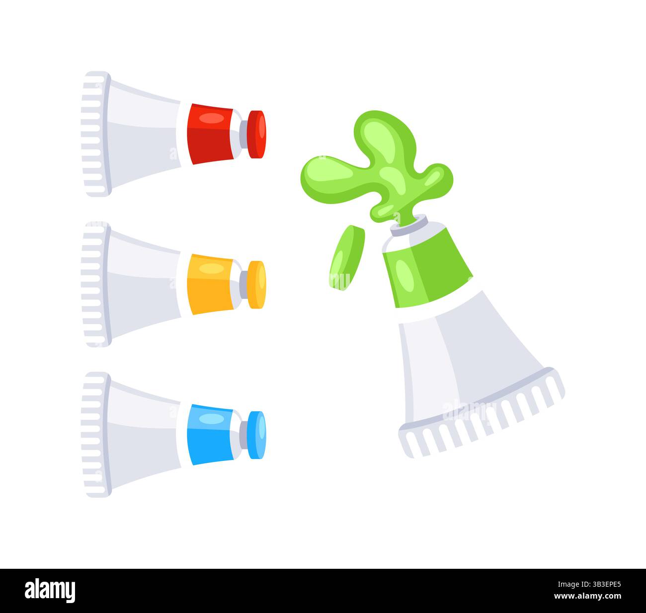 Green paint spilling from a tube with red, yellow and blue tubes nearby ...