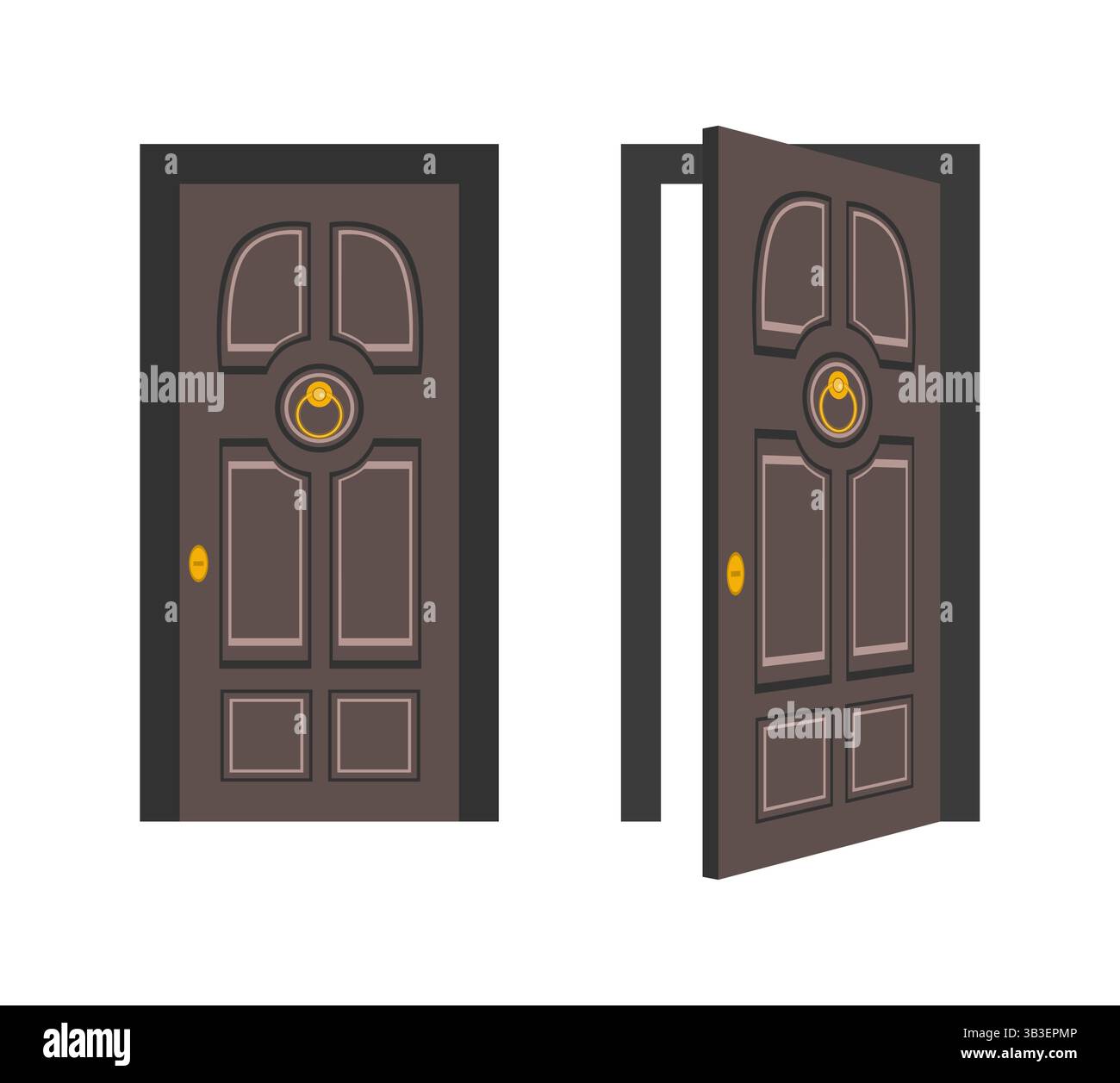 Classic brown wooden door, closed and open position Stock Vector Image ...