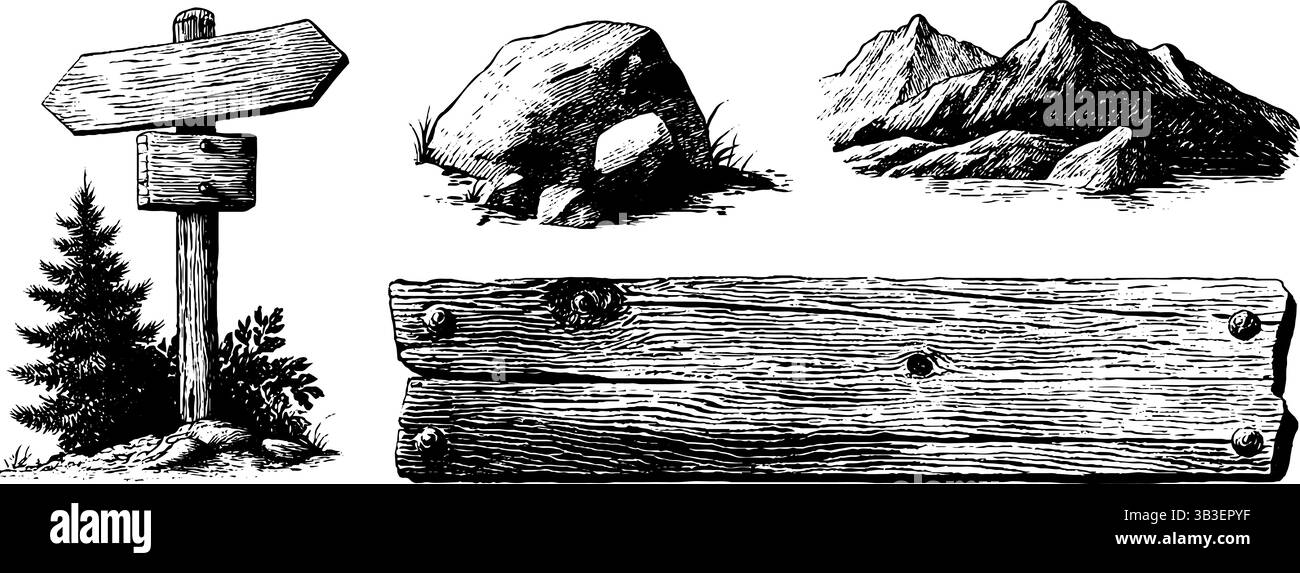 Vintage engraved illustration of direction signs and mountain landscape ...