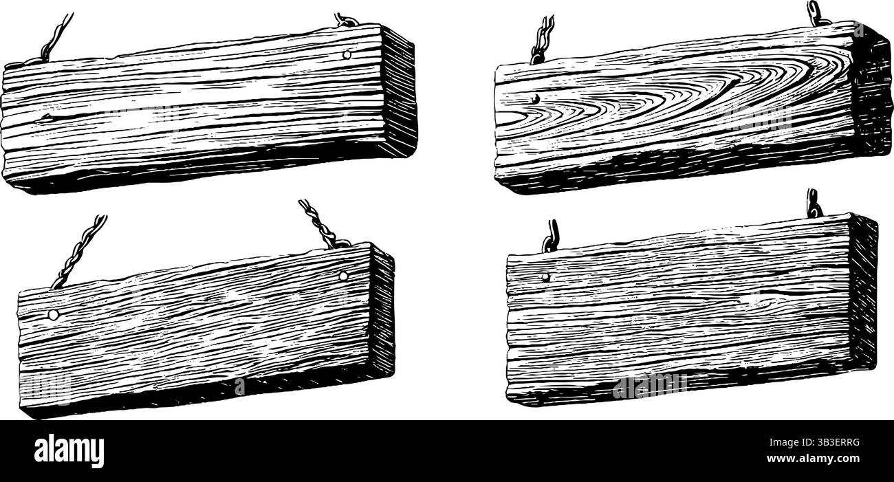 Engraved illustration set of hanging wooden signs for rustic decor and ...