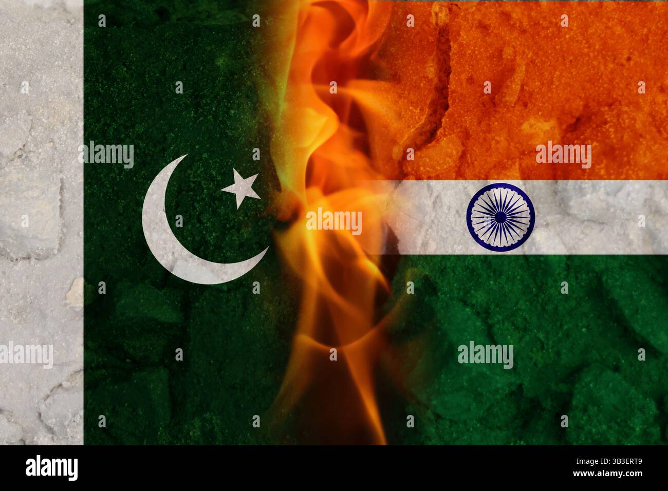 Abstract representation of India and Pakistan flags with flames and ...