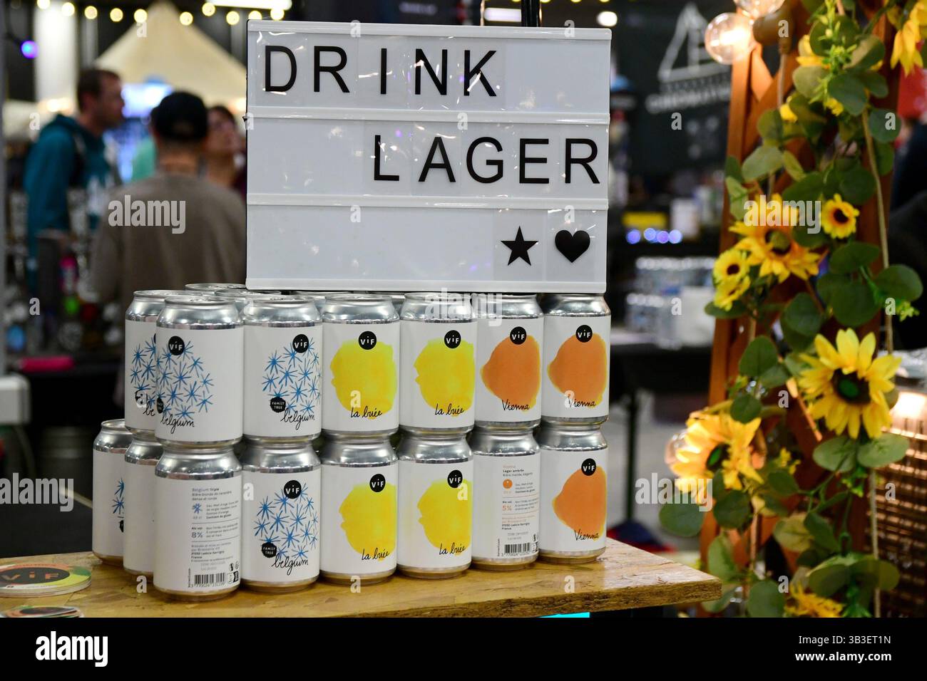 Lyon, France. 13th Apr, 2025. Craft beer cans seen displayed at the 8th ...