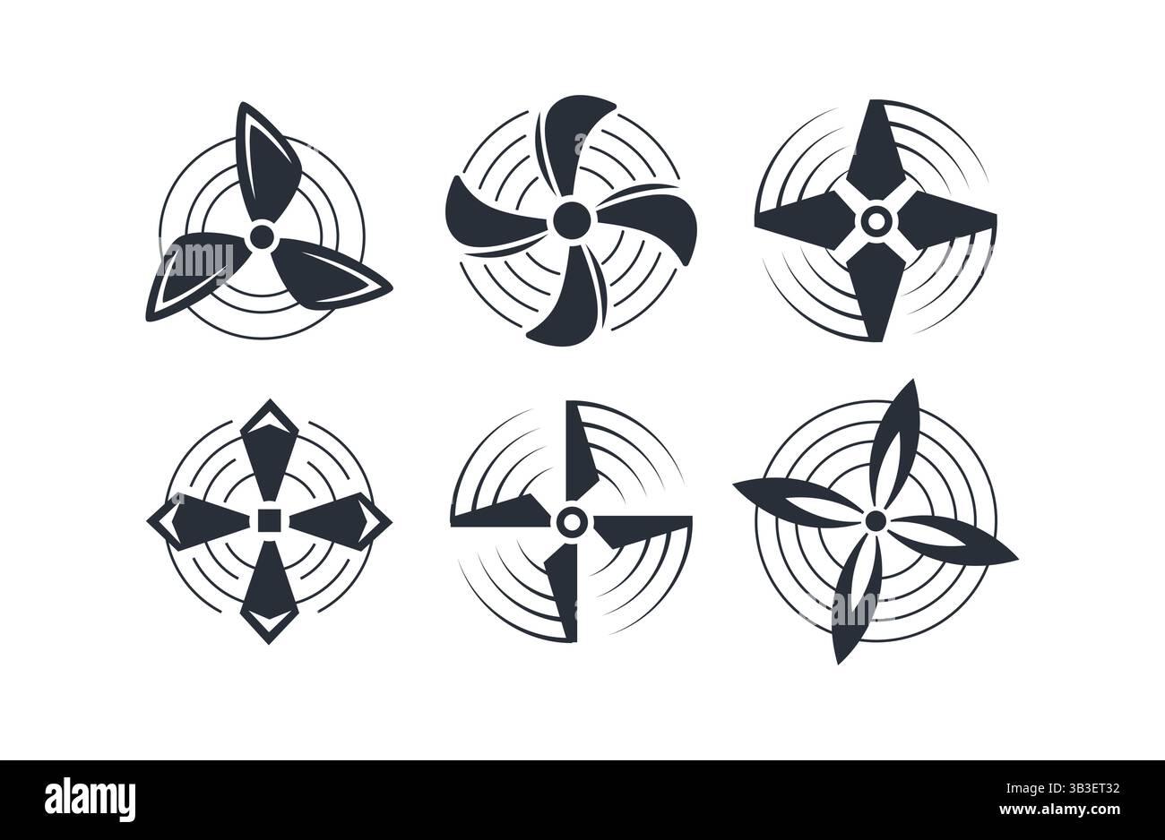 Six black stylized propellers rotating and creating circular waves ...