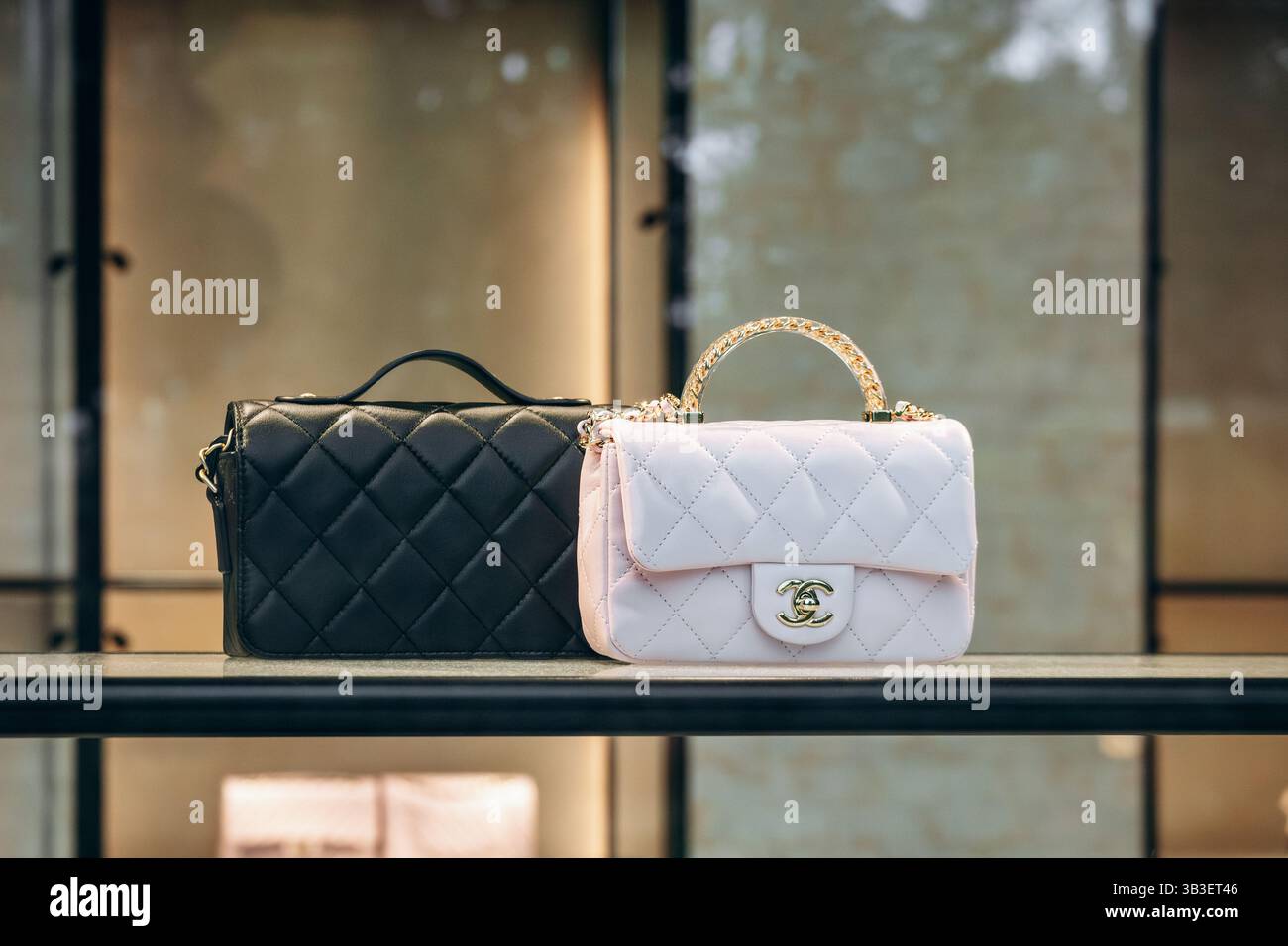 Nice, France - January 26, 2025: Chanel bags displayed in the window of ...