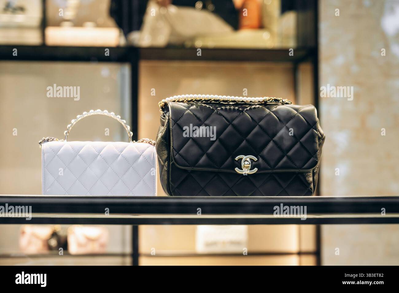 Nice, France - January 26, 2025: Chanel bags displayed in the window of ...