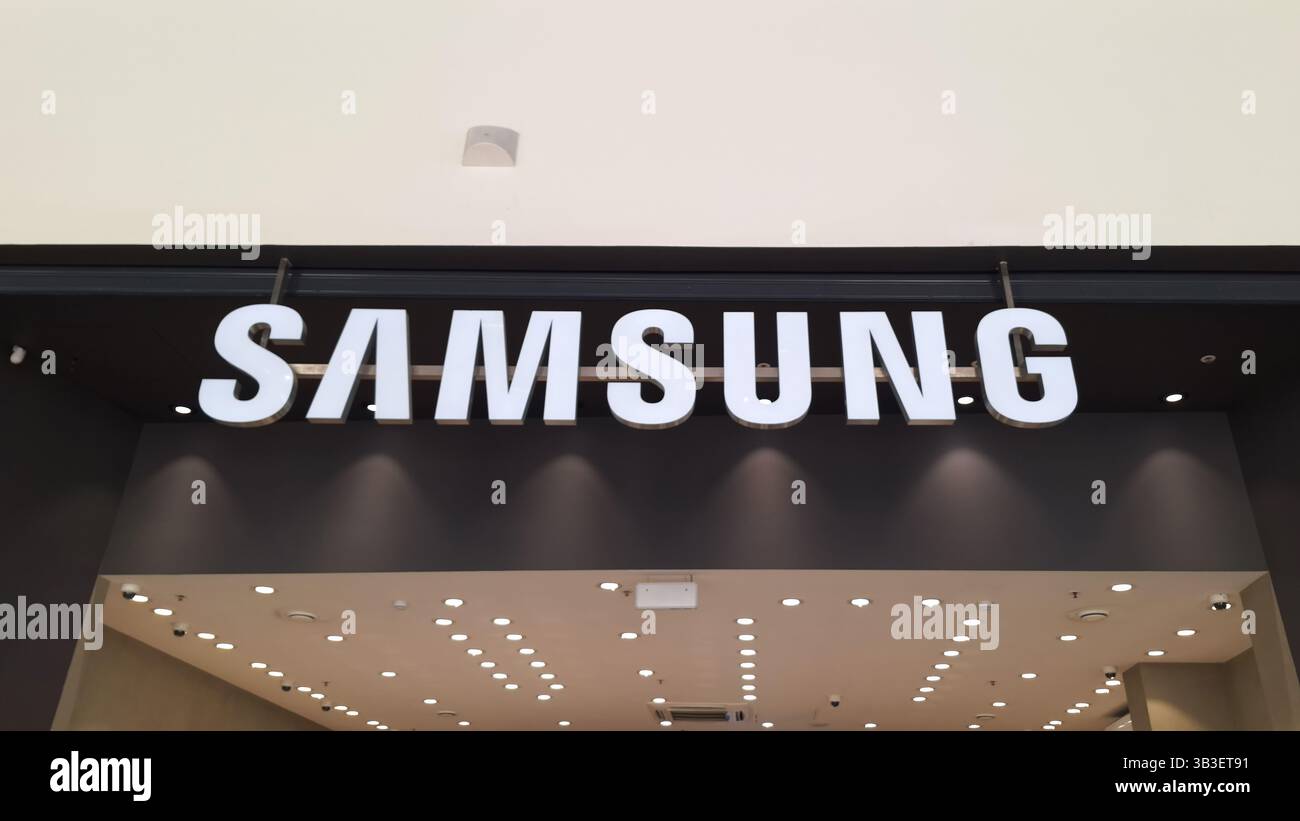Moscow, Russia - April 26, 2025.Samsung storefront with illuminated ...