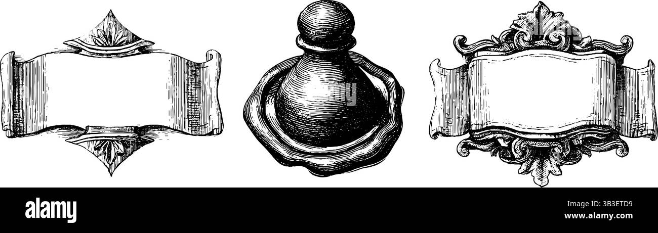 Vintage engraved paper labels and ink bottle illustration set for ...