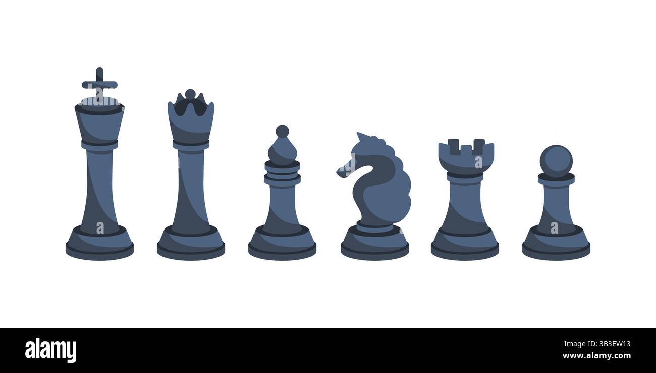 Complete set of dark gray chess pieces standing on white background ...