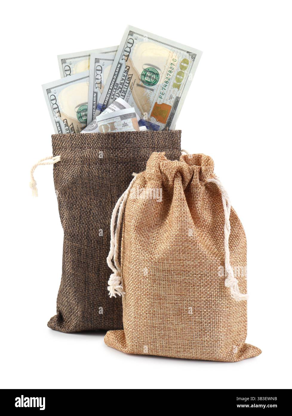 Money bags with dollar banknotes isolated on white Stock Photo - Alamy