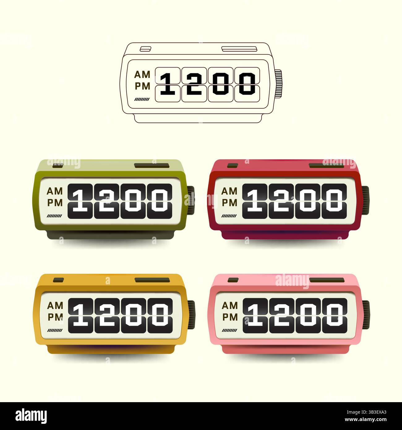 Colorful retro flip digital clock illustrations with AM and PM display. Includes four color ...