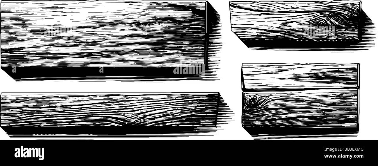Engraved illustration set of wooden boards with rustic texture elements ...