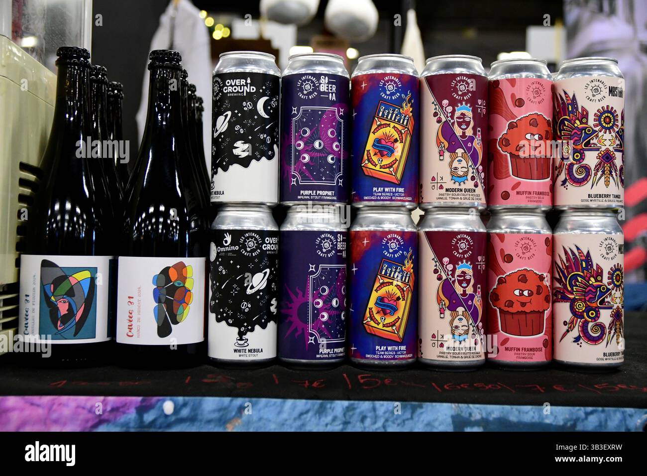 Display for bottles of Muscat wines and cans of craft beers seen ...