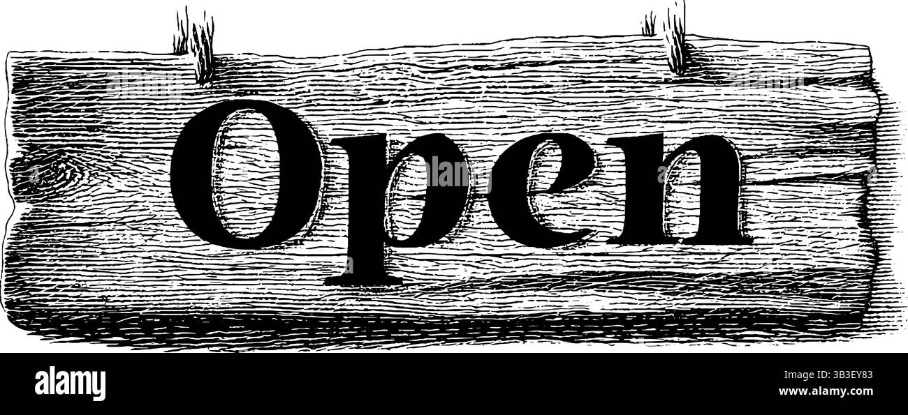 Rustic open signboard engraved wood illustration for business decor and ...