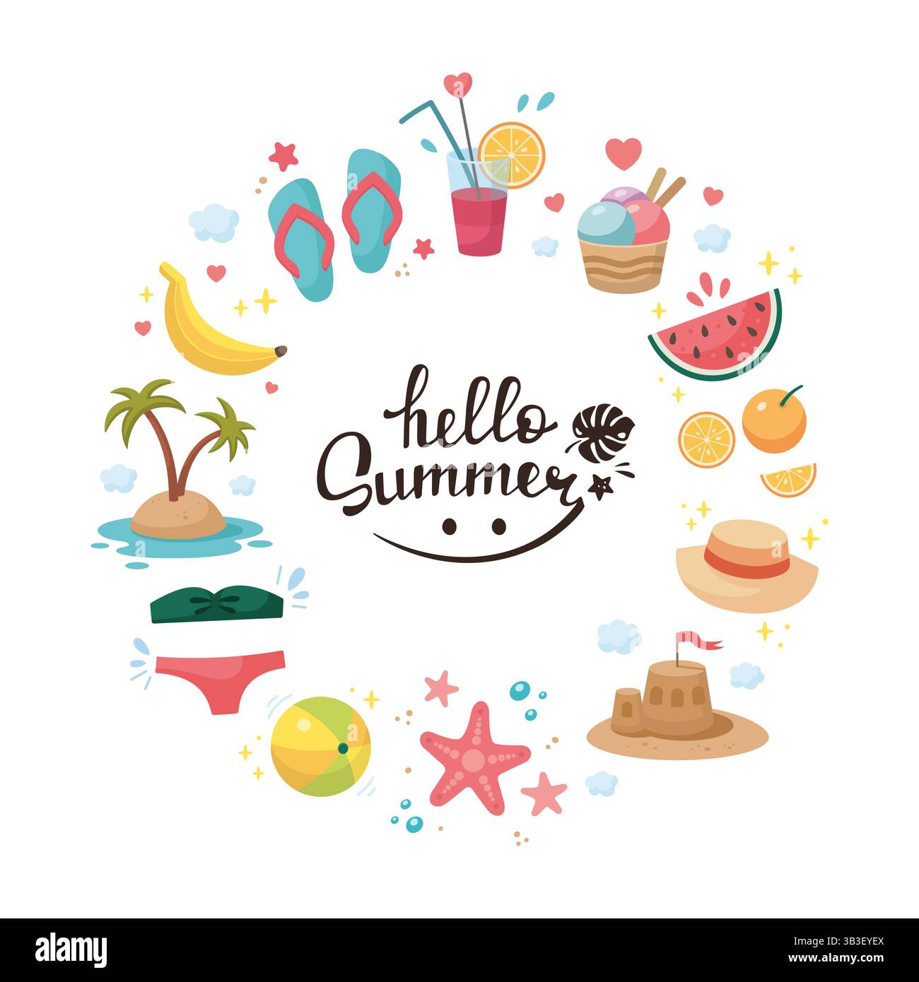 Hand drawn Summer round frame, copy space, template. Hello summer ...