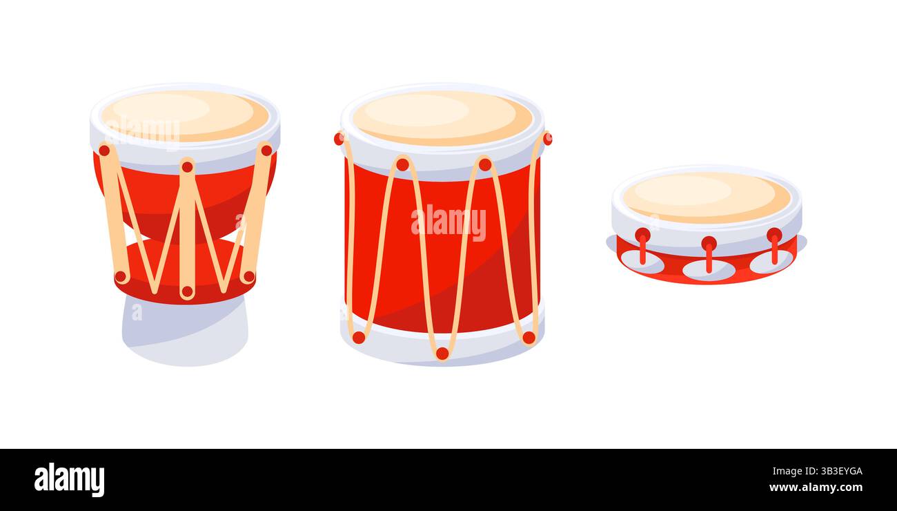 Red toy drums and tambourine representing music and rhythm Stock Vector ...