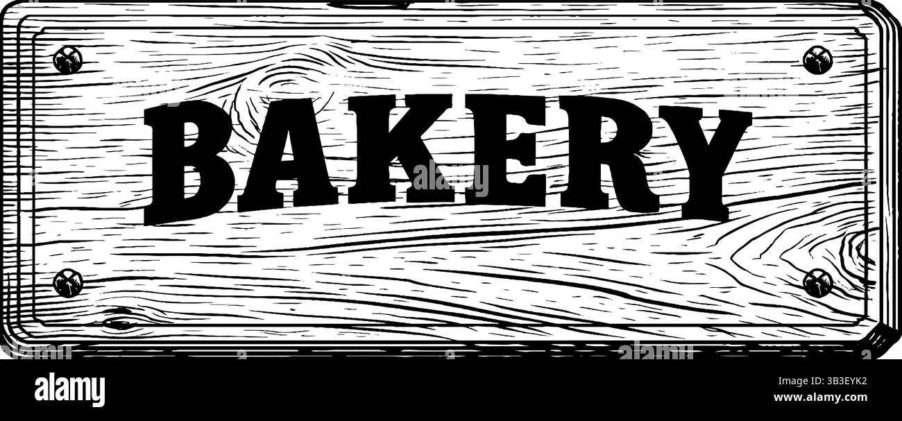 Rustic bakery sign engraved on wooden board with vintage iron nails ...