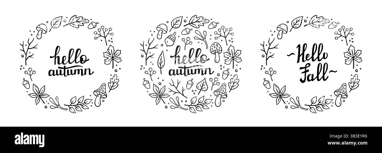 HELLO Fall handwritten lettering. Autumn decorative frames set with ...