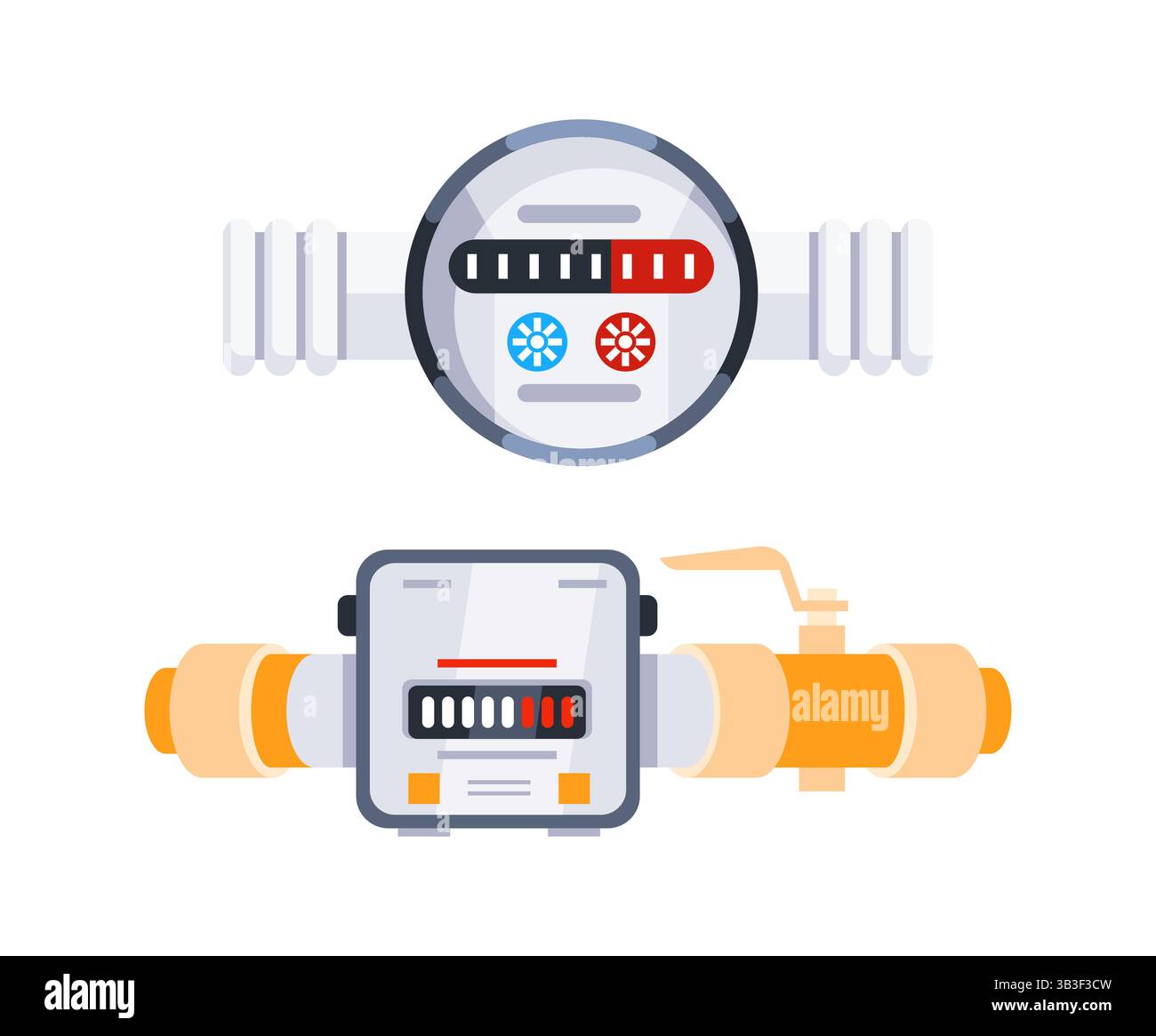 Water meters measuring hot and cold water consumption with pipeline and ...