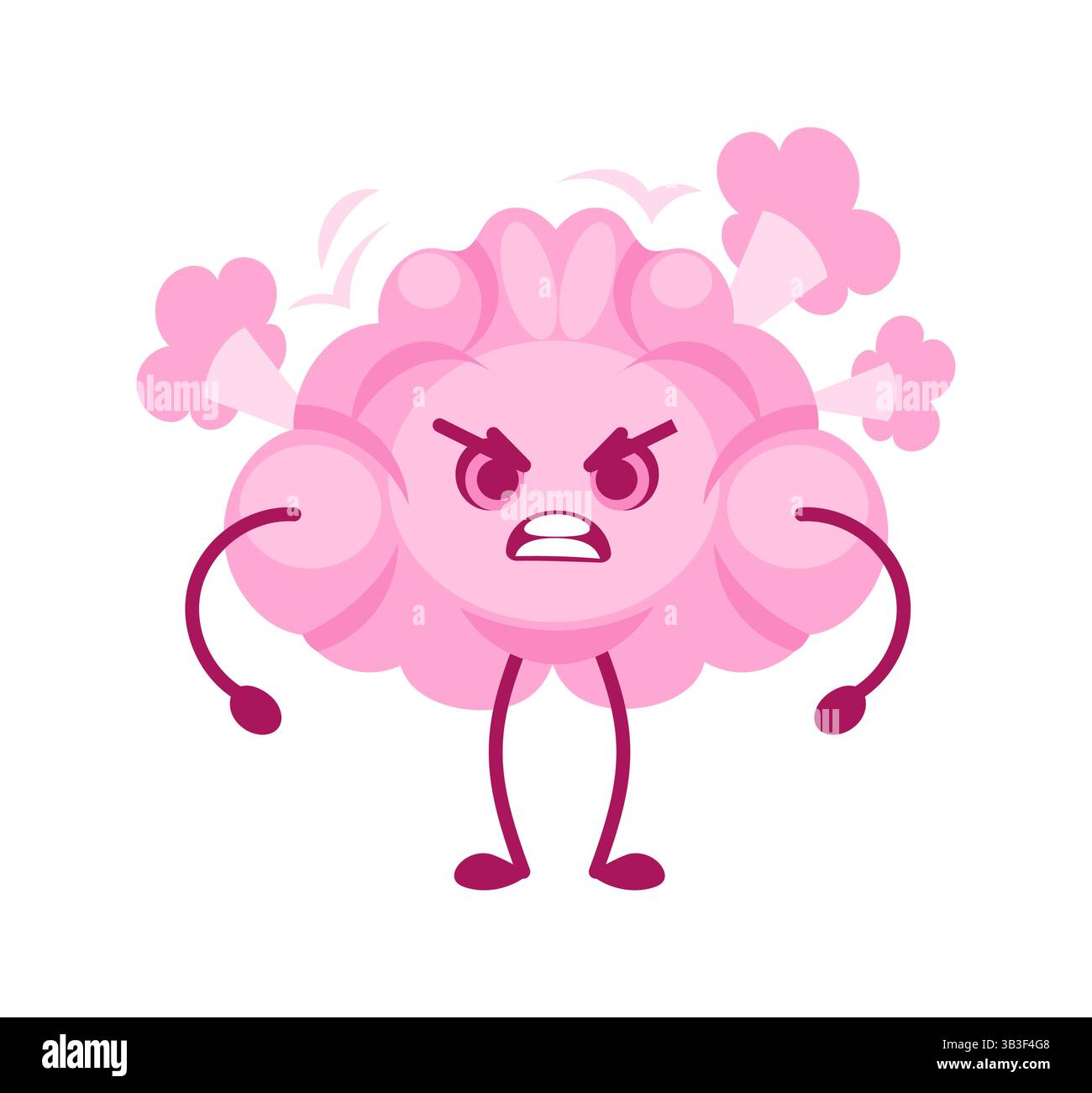 Angry pink brain emitting steam from ears and flexing arms Stock Vector ...