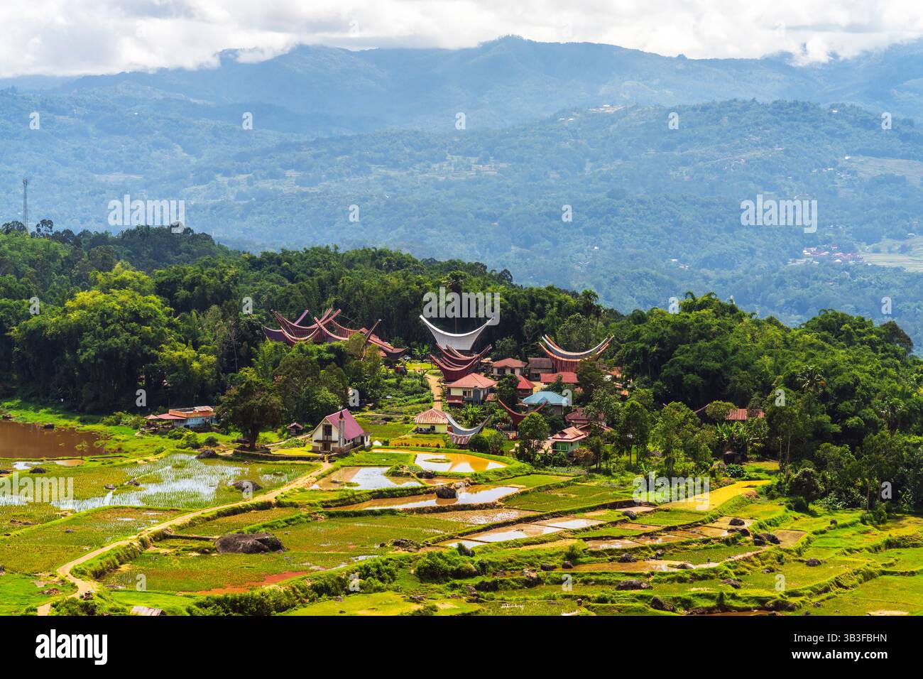 Elevated view of terrace paddy rice fields and villages in Sesean ...