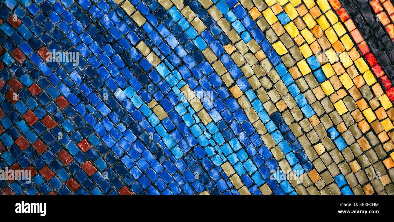 Abstract tile wall with contrasting blue and gold segments, banner ...