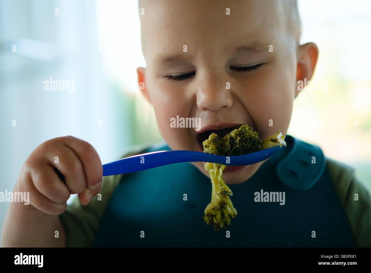 Content baby enjoying nutritious broccoli, successfully feeding himself ...