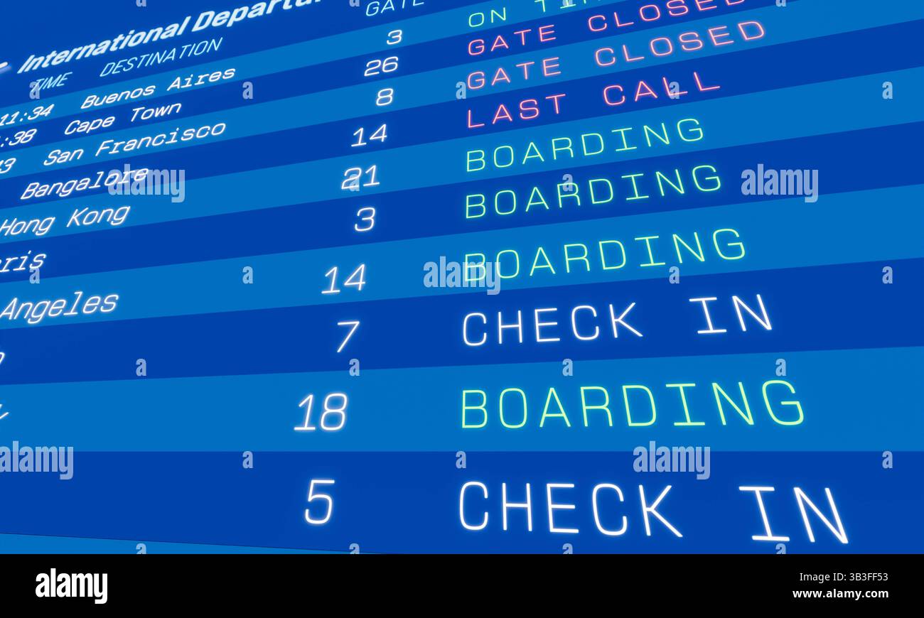 Airport flights, departure board, boarding, check in, last call ...