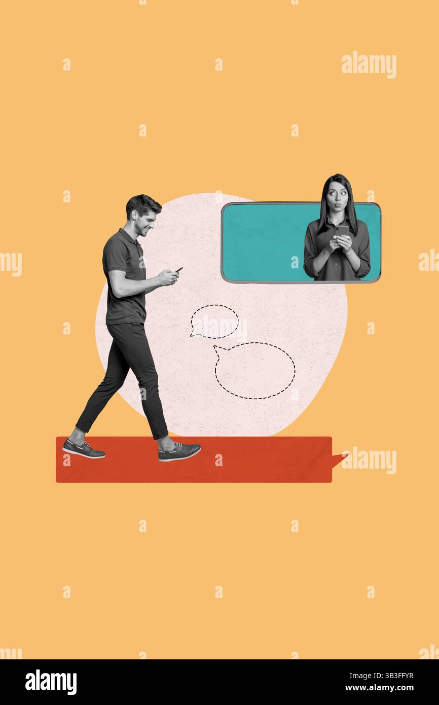 Poster banner collage of young people having online conversation with ...