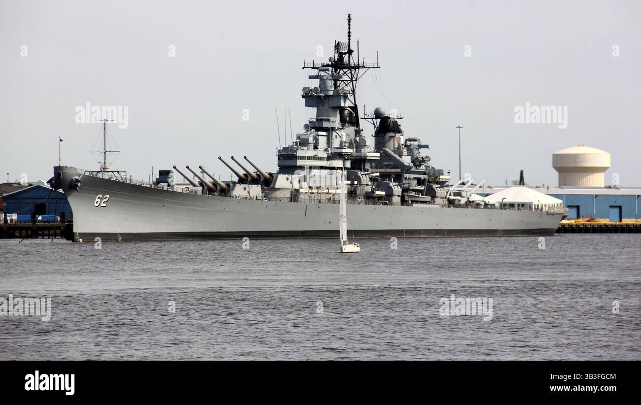 Battleship USS New Jersey on the Camden, NJ, waterfront, view across ...