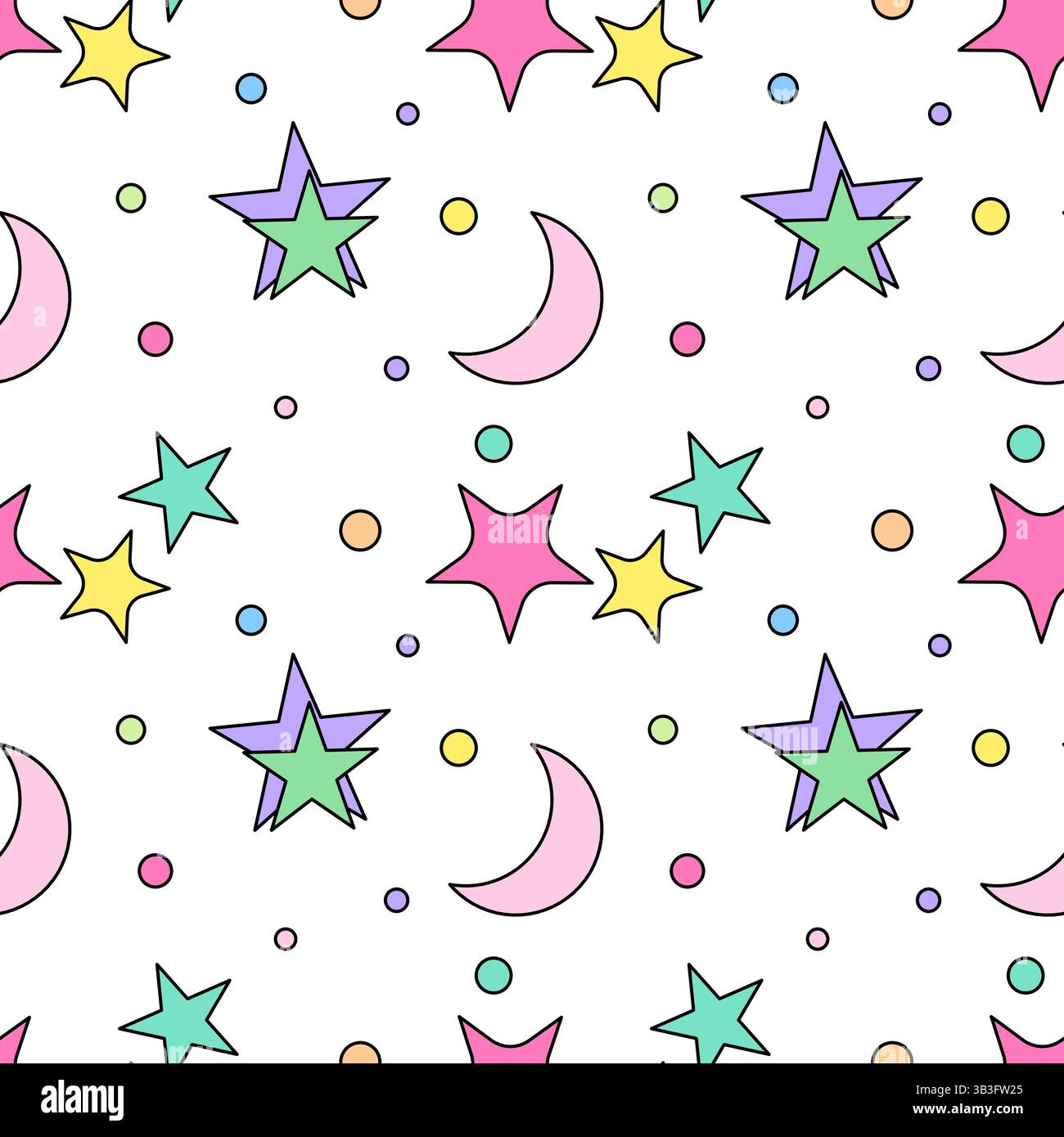 Abstract seamless pattern featuring stars, crescent moons, and circles ...